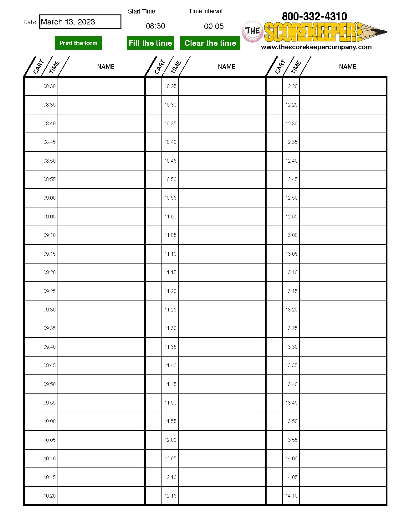 Printable Golf Tee Time Sheets Template Free Download